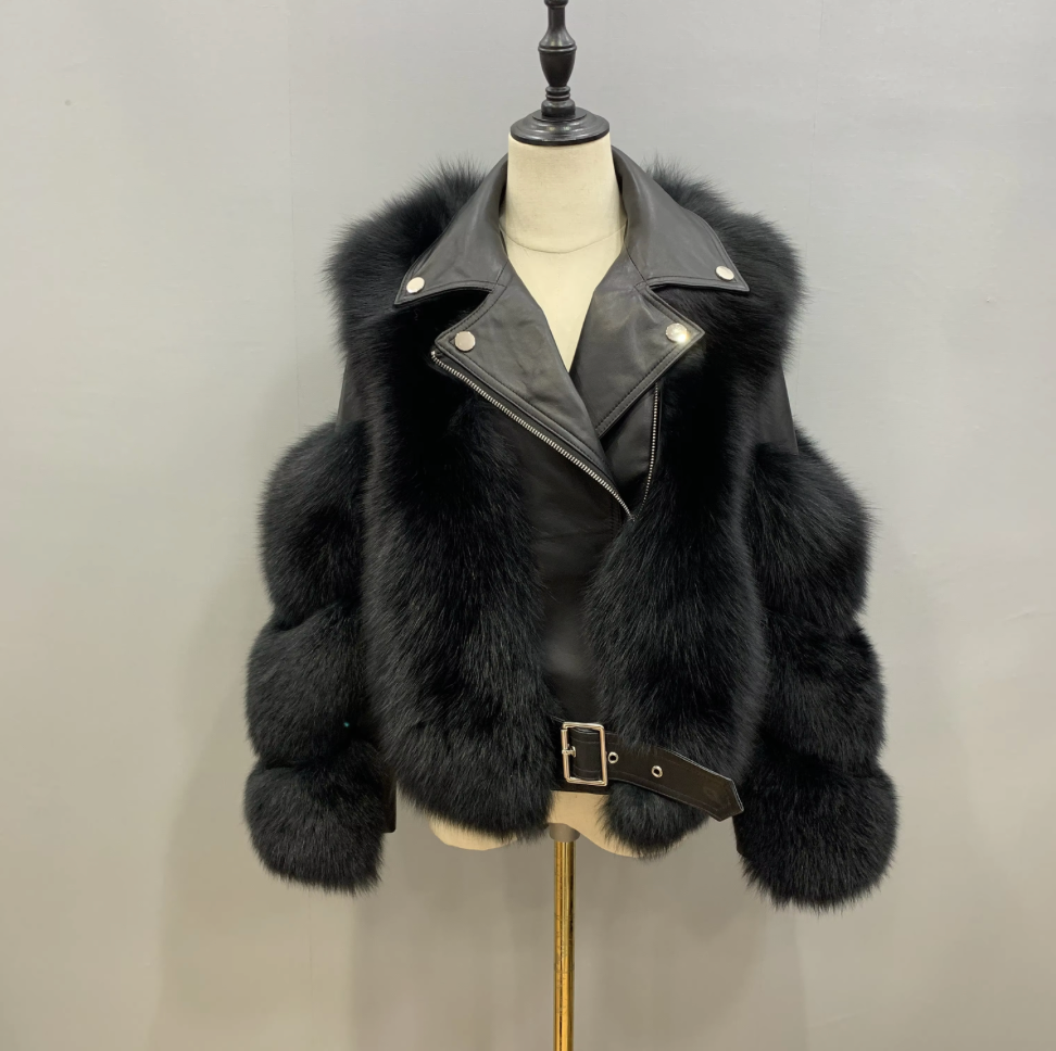 Amalia Women’s Real Fox Fur and Genuine Sheepskin Leather Winter Jacke